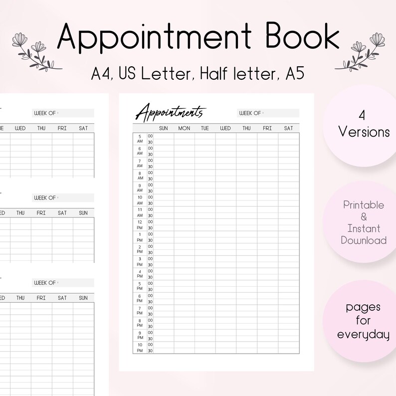 Weekly Appointment Book Printable: Hourly Schedule, 4 Sizes (PDF ...