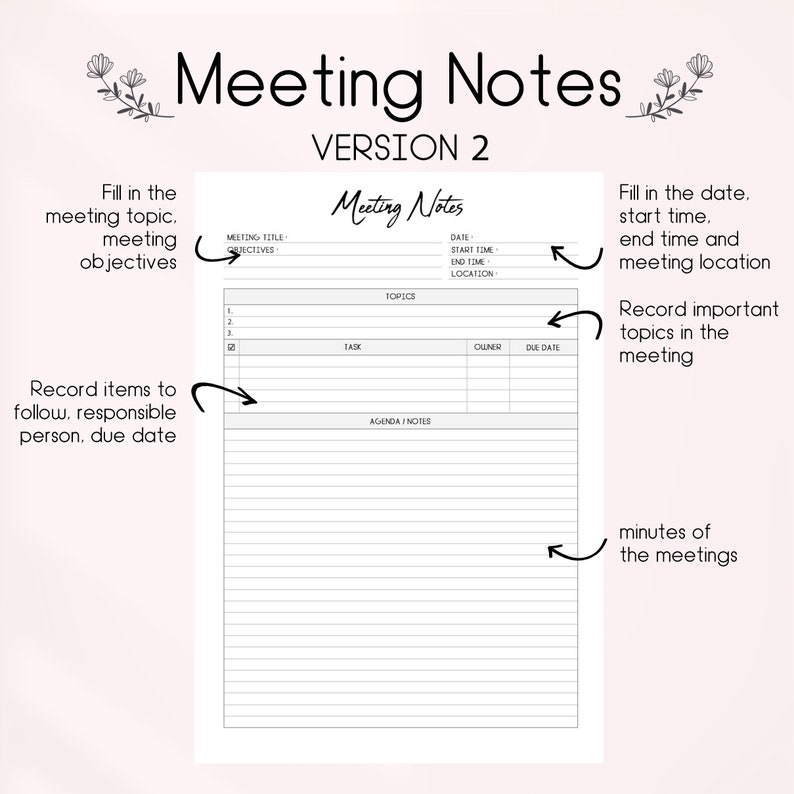 Meeting Notes Template Printable, Meeting Minutes Template, Meeting ...