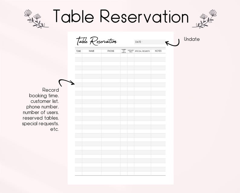 Table Reservation List Printable, Restaurant Booking Template ...