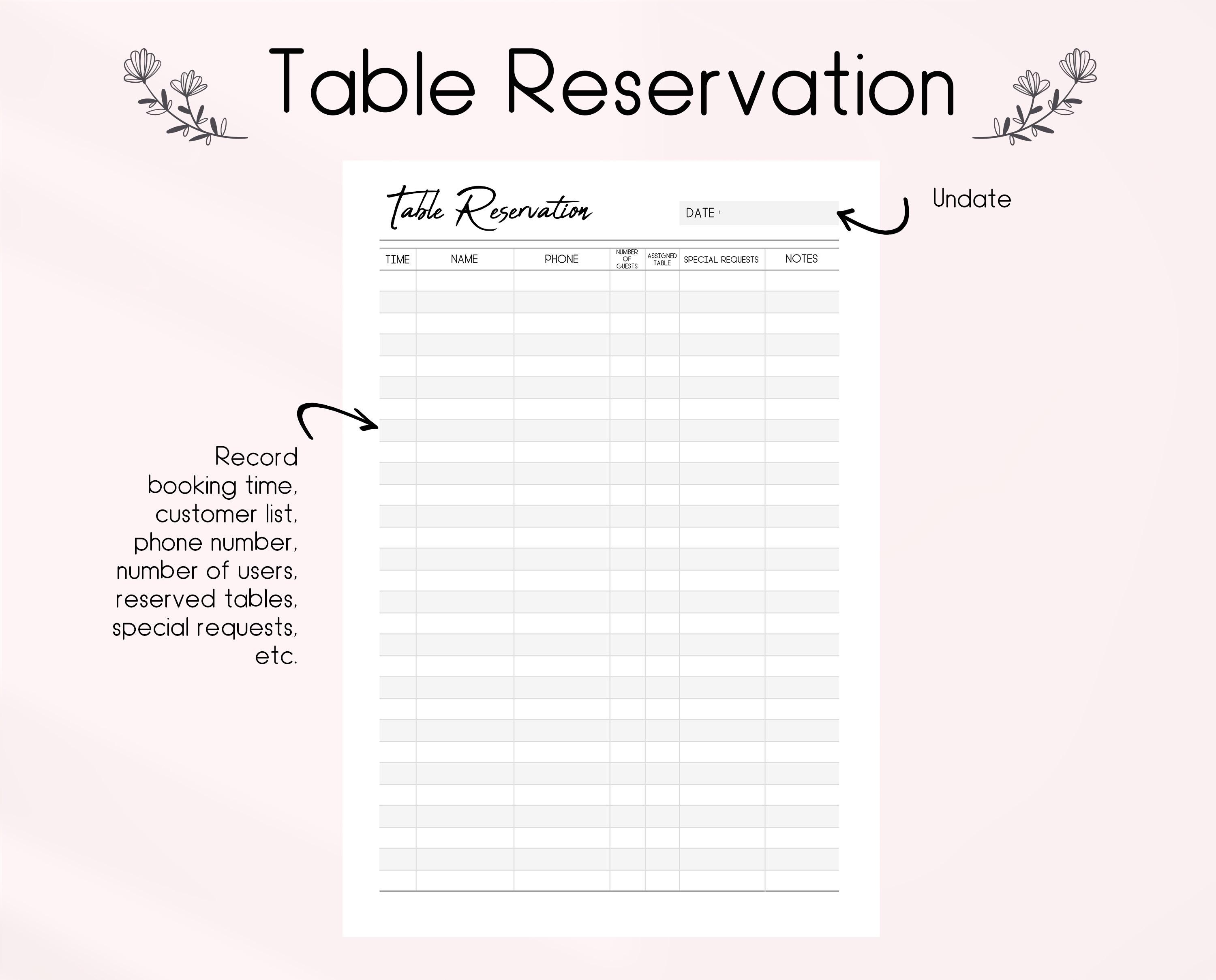 Table Reservation List Printable, Restaurant Booking Template ...