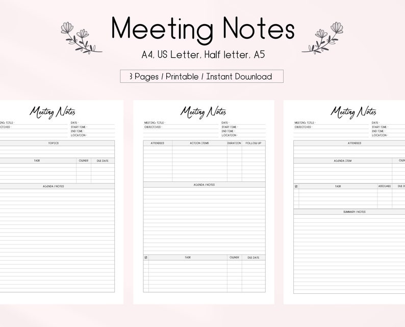 Meeting Notes Template Printable, Meeting Minutes Template, Meeting ...