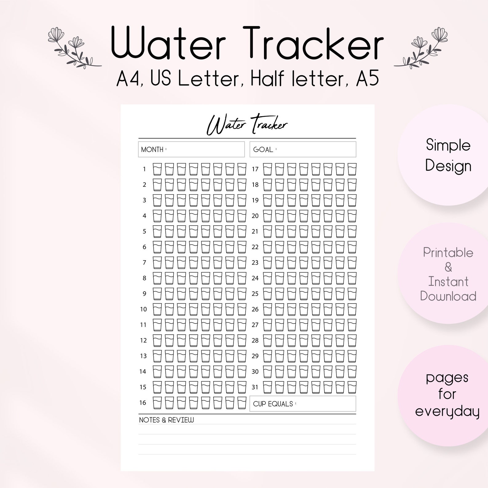 Monthly Water Tracker Printable, Monthly Journal, 31 Days Water ...