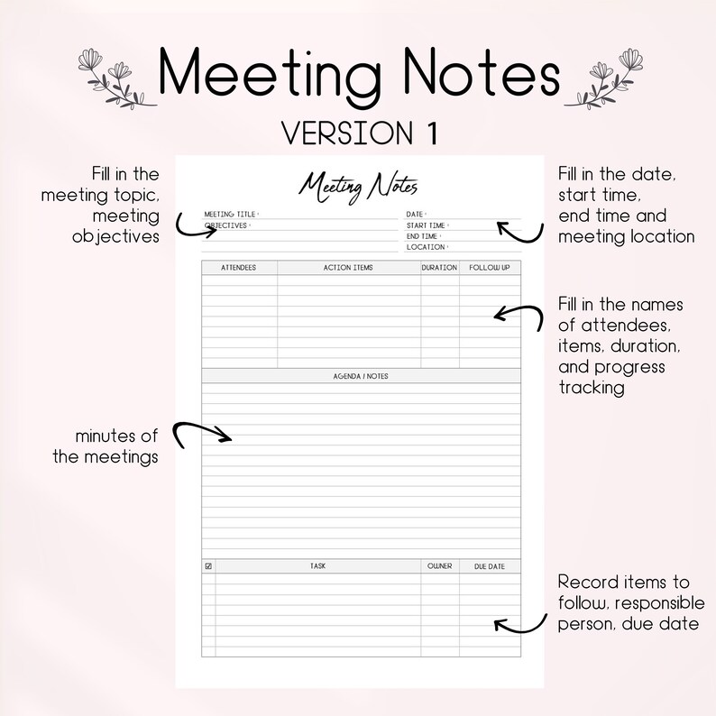 Meeting Notes Template Printable, Meeting Minutes Template, Meeting ...