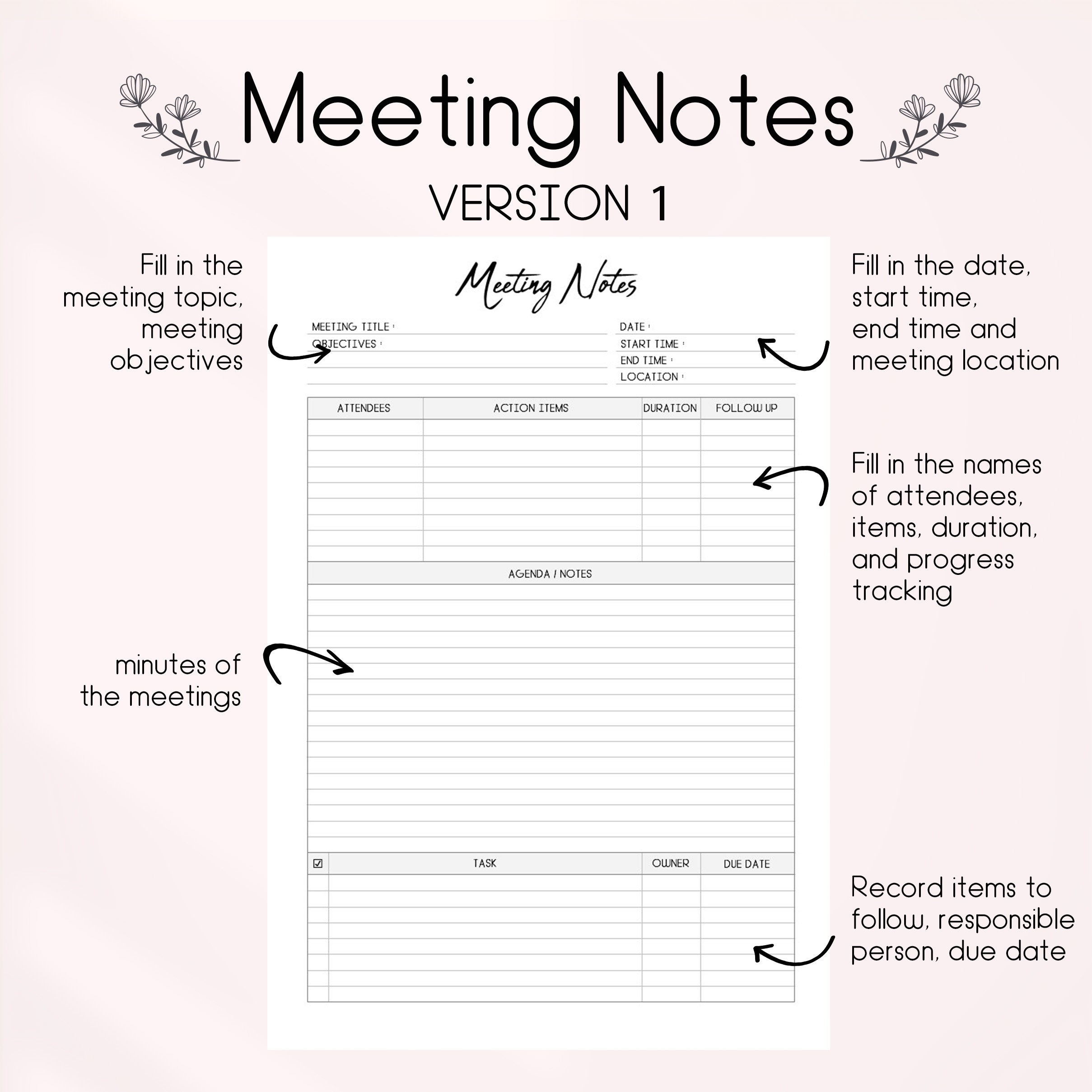 Meeting Notes Template Printable, Meeting Minutes Template, Meeting ...