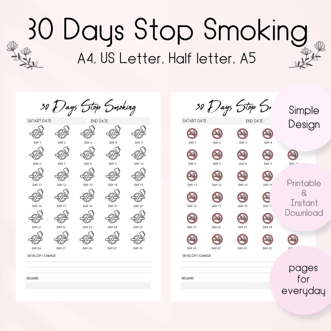 Stop Smoking 30 Day Challenge Printable, 30 Day Habit Tracker, Quit ...