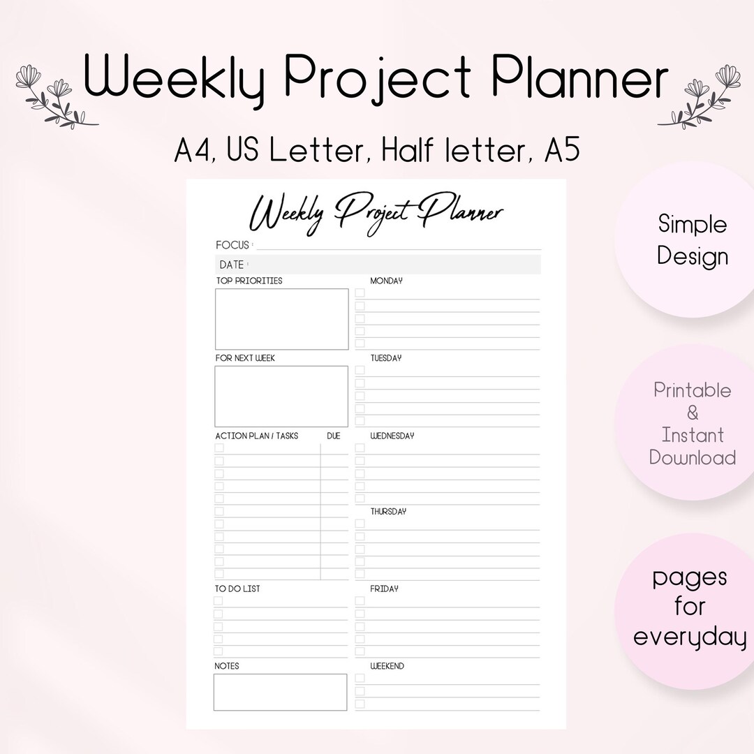 Weekly Project Planner Printable: Task Management Template (PDF ...