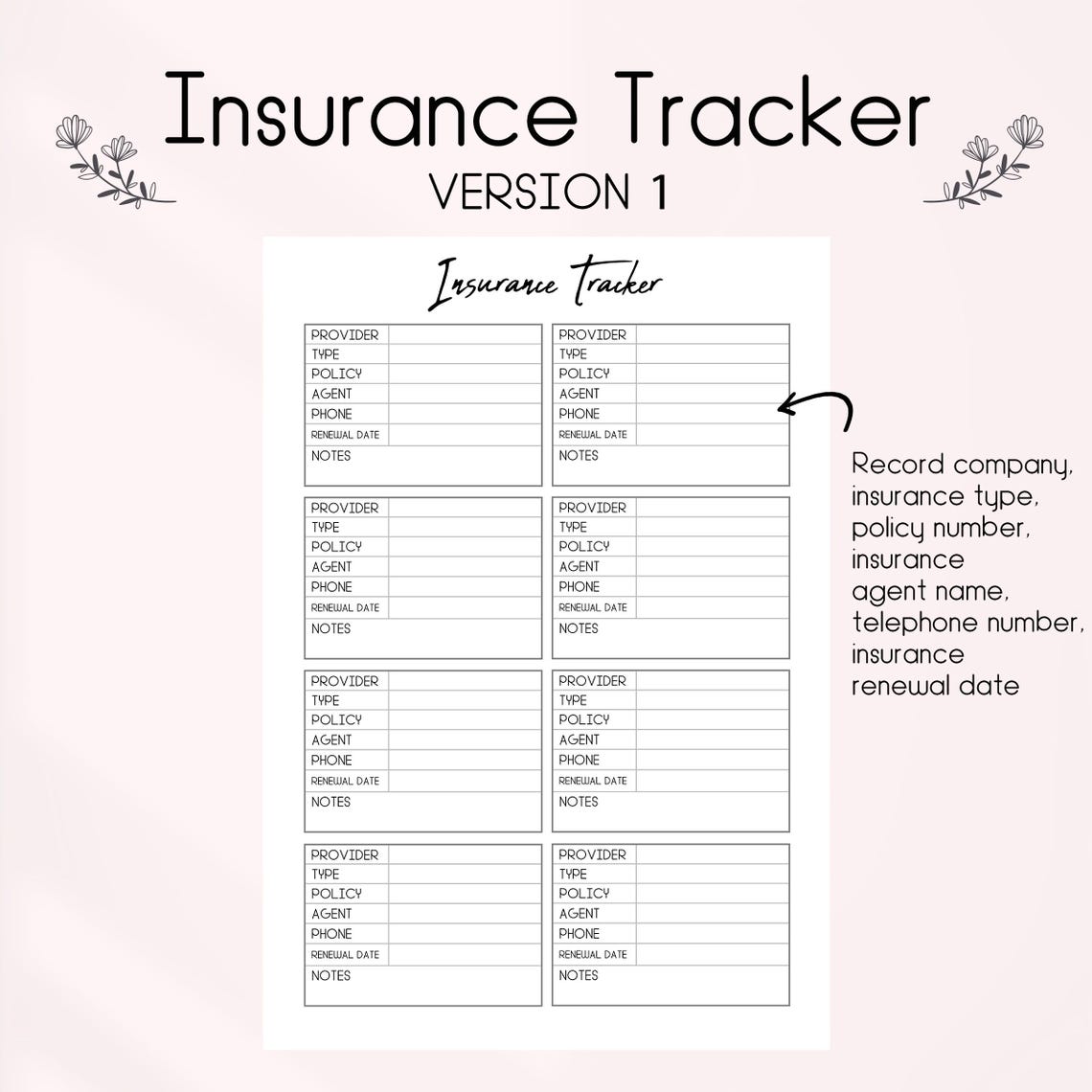 Insurance Information Tracker Printable, Insurance Policy Provider ...