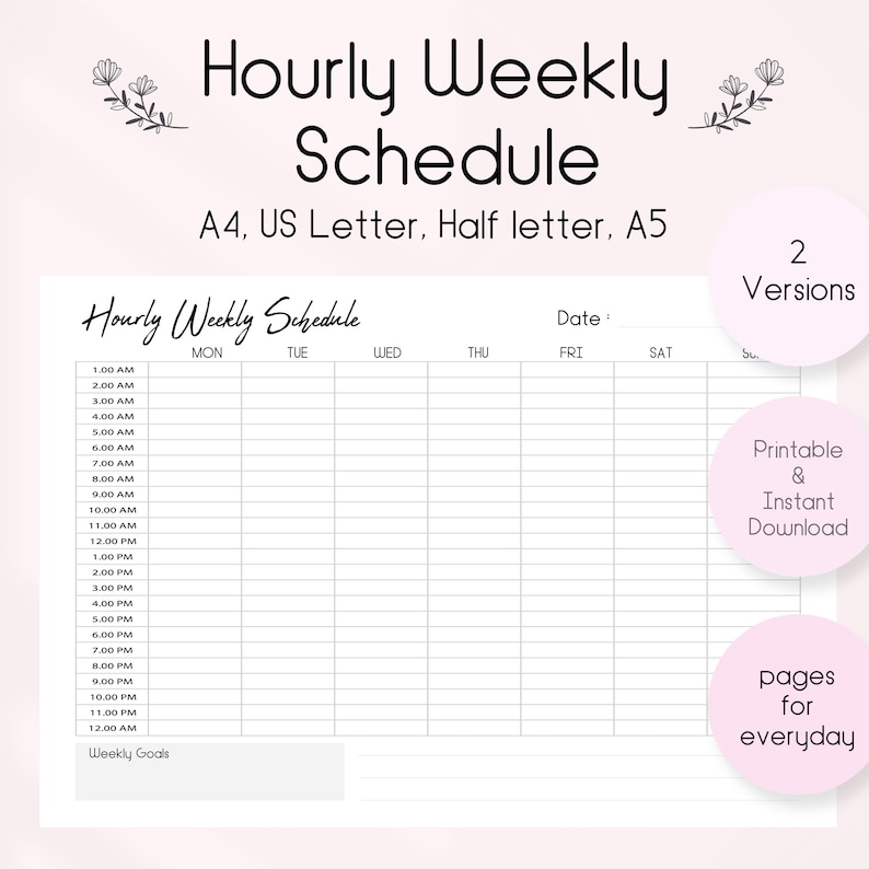 24 Hours Weekly Planner Printable, Minimalist Design Templates, Weekly ...