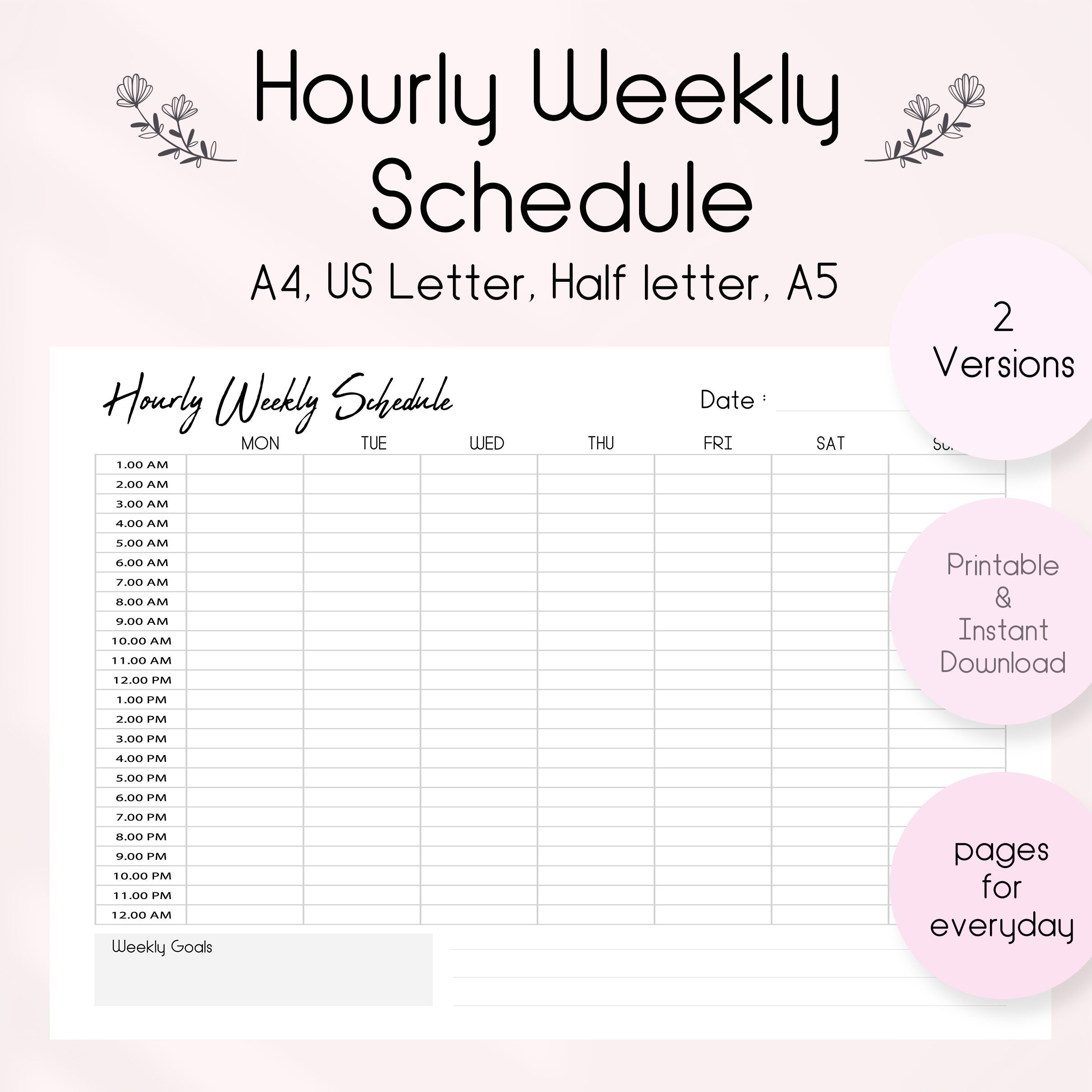 24 Hours Weekly Planner Printable, Minimalist Design Templates, Weekly ...