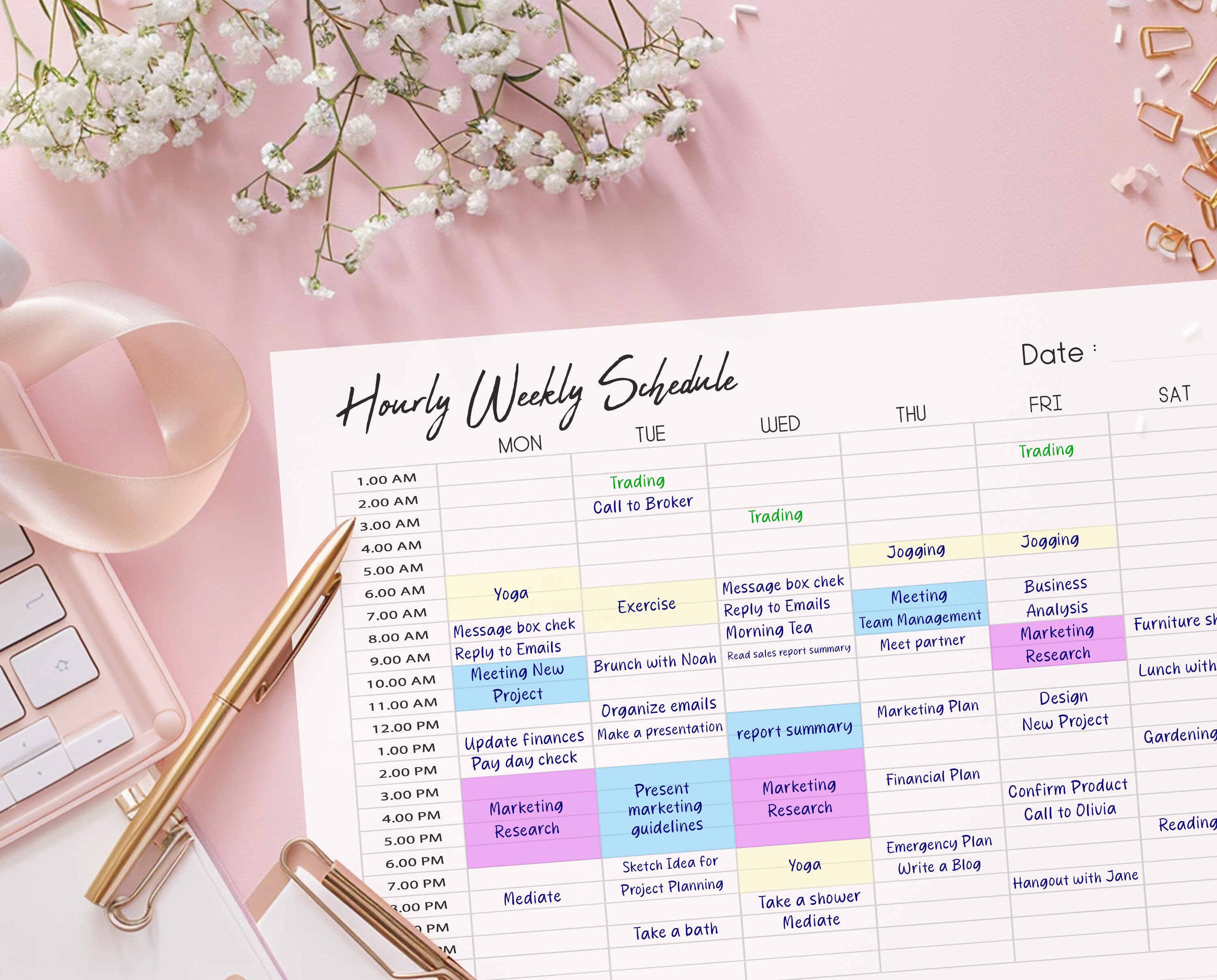 24 Hours Weekly Planner Printable, Minimalist Design Templates, Weekly ...