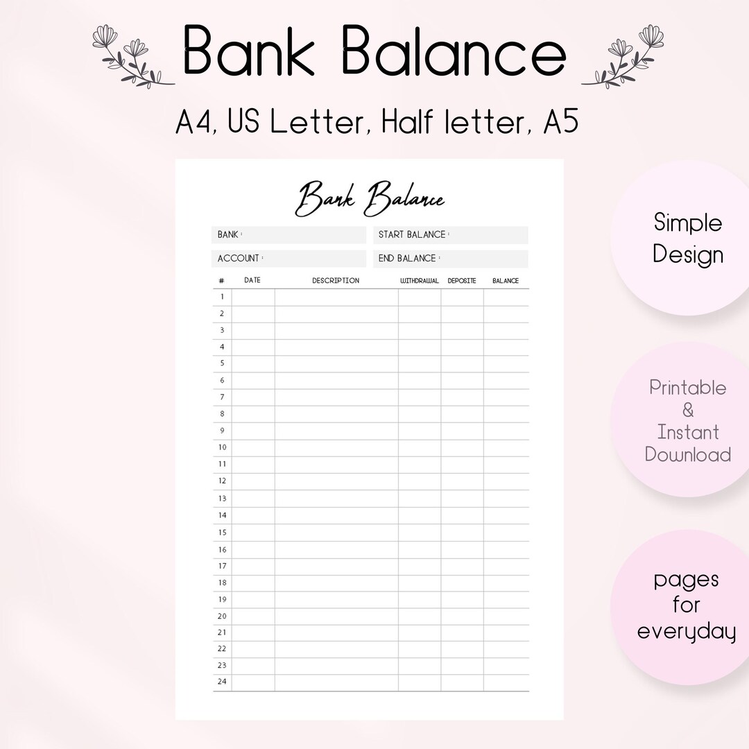 Bank Balance Printable: Savings Tracker & Account Ledger (PDF Download ...