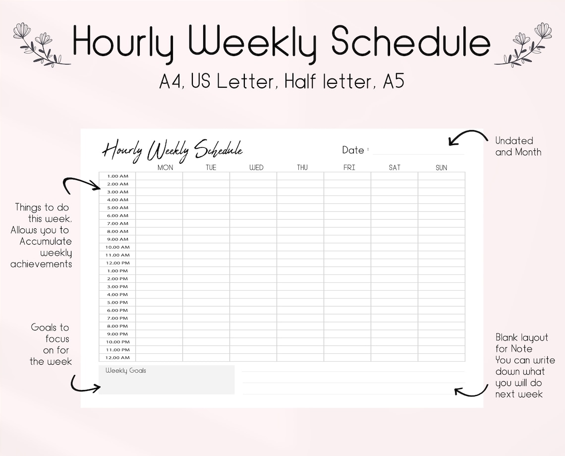 24 Hours Weekly Planner Printable, Minimalist Design Templates, Weekly ...