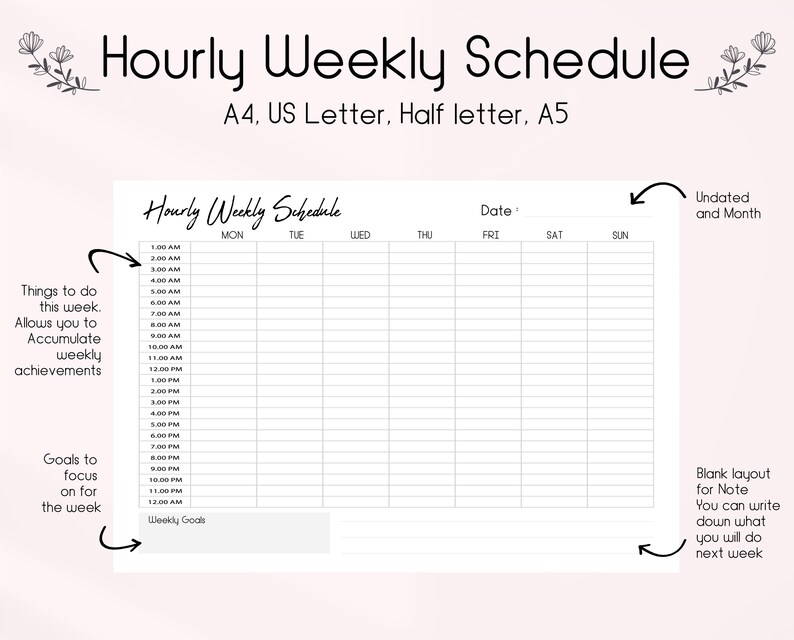 24 Hours Weekly Planner Printable, Minimalist Design Templates, Weekly ...