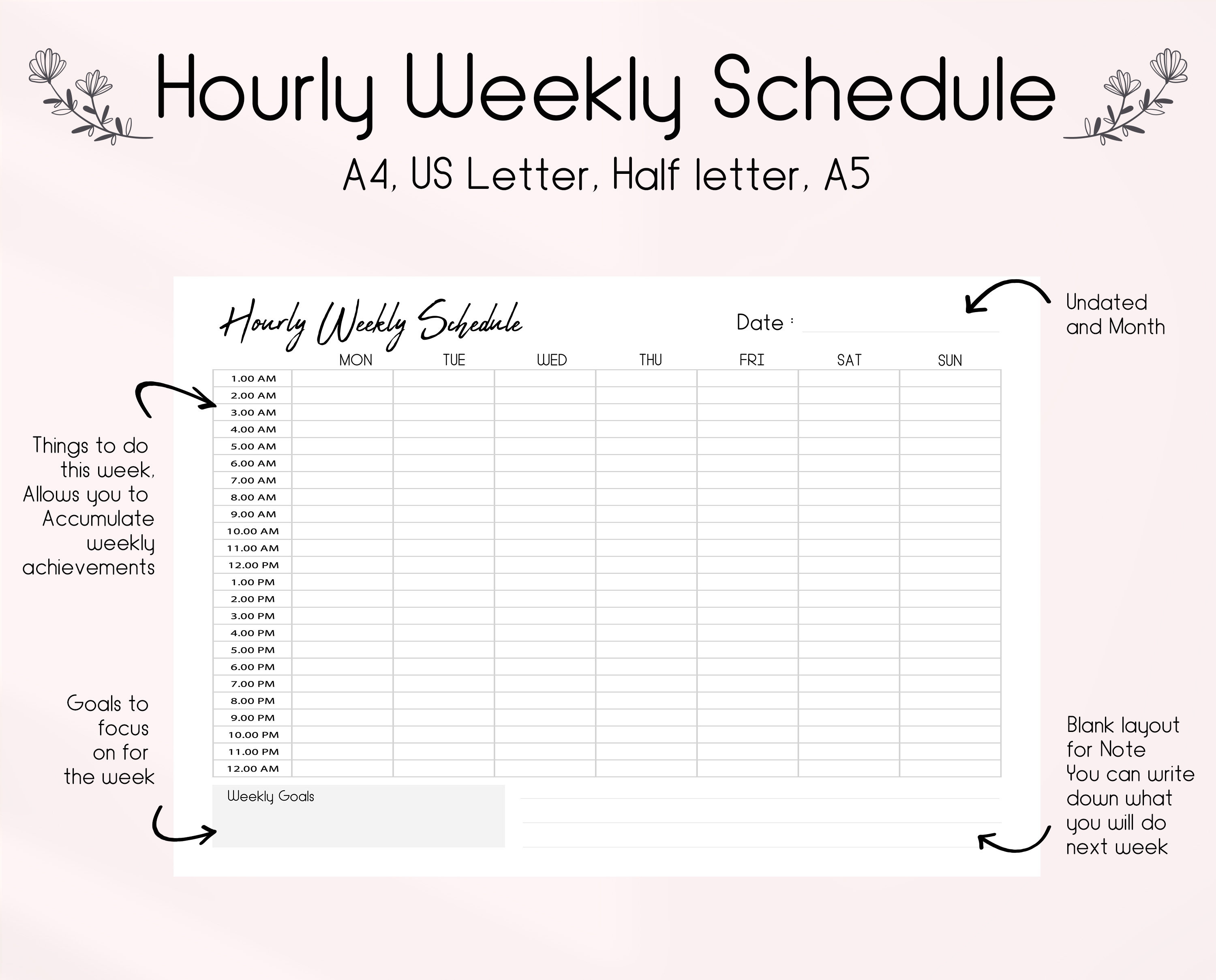24 Hours Weekly Planner Printable, Minimalist Design Templates, Weekly ...