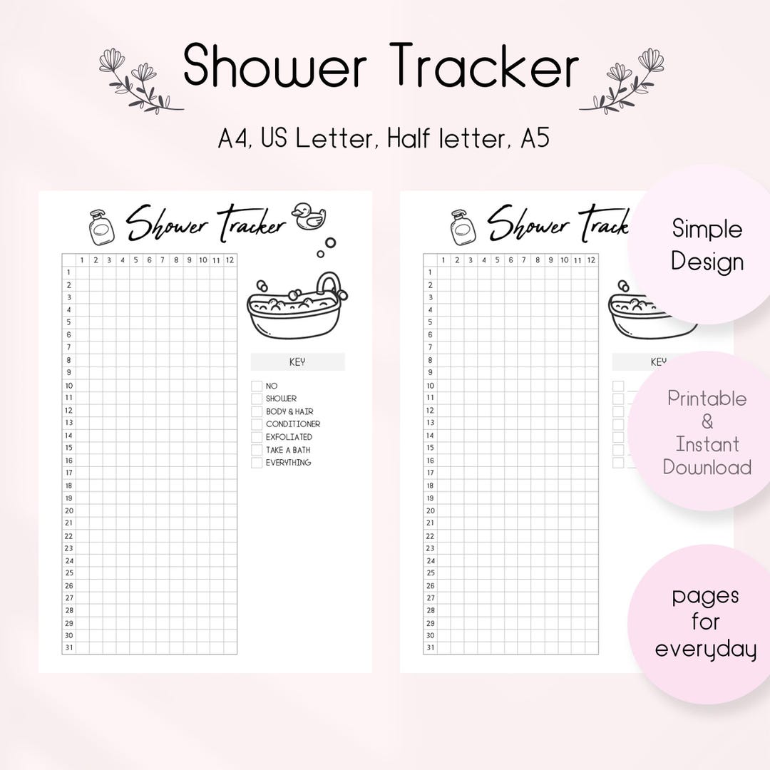 Shower Tracker Printable, Hair Wash Tracker, Hygiene Planner, Trace ...