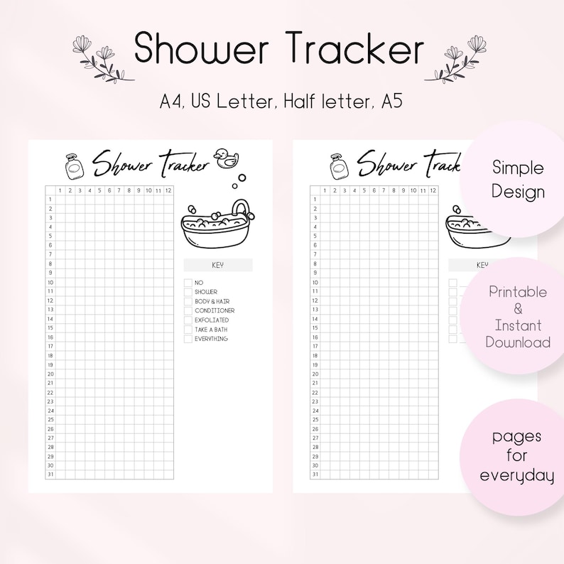 Shower Tracker Printable, Hair Wash Tracker, Hygiene Planner, Trace ...