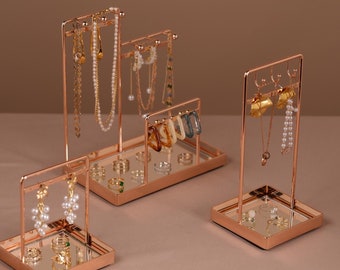 Rose Gold Jewelry Organizer Stand Earring Display Bracelet Stand Gold Ring Holder With Mirror Tray Mother Gift for Her Daughter Girlfriend Etsy