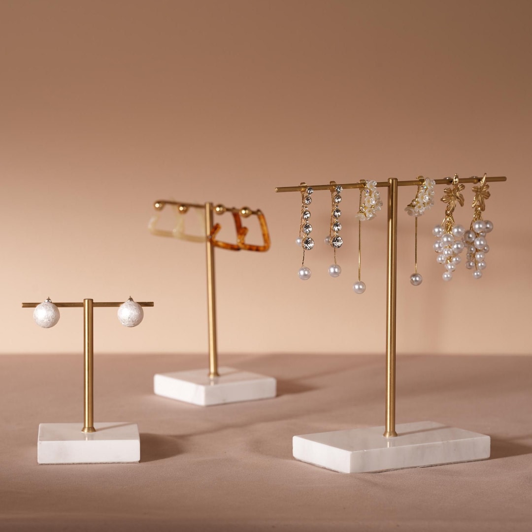 Chic Brass Earring Holder Marble Base Jewelry Display Terrazzo Stand ...
