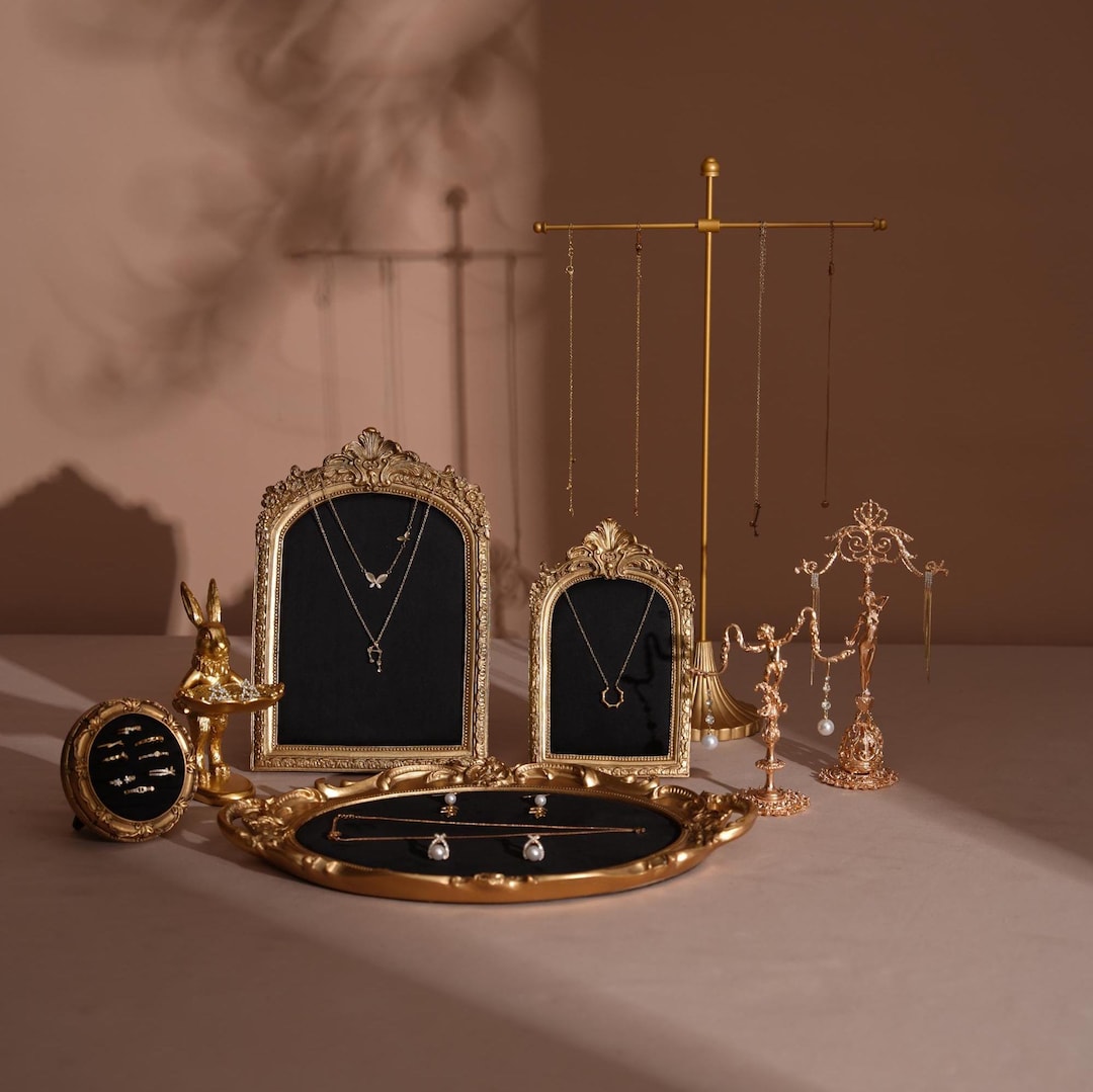 Gold Jewelry Display Set Vintage Necklace Stand Earring Holder Pendant ...