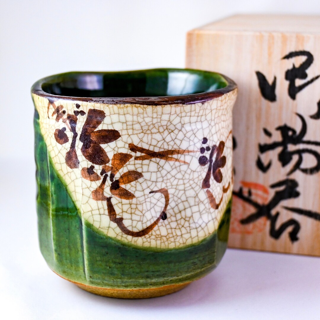 Japanese YUNOMI Teacup Oribe Green Glaze, Crackle Glaze, Brown Ivy ...