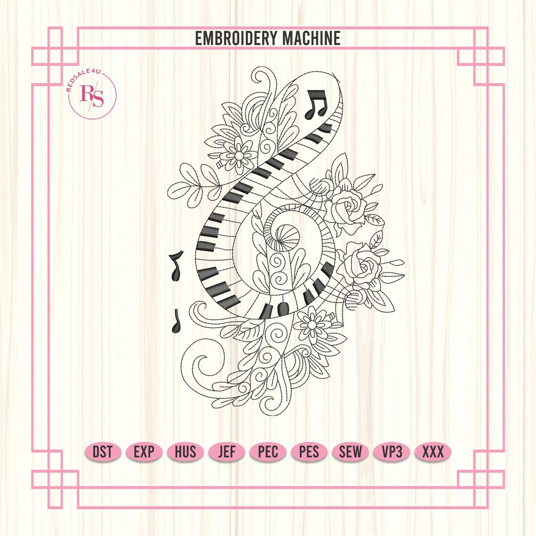 Music Note Machine Embroidery, Floral Music Design Embroidery, Treble ...