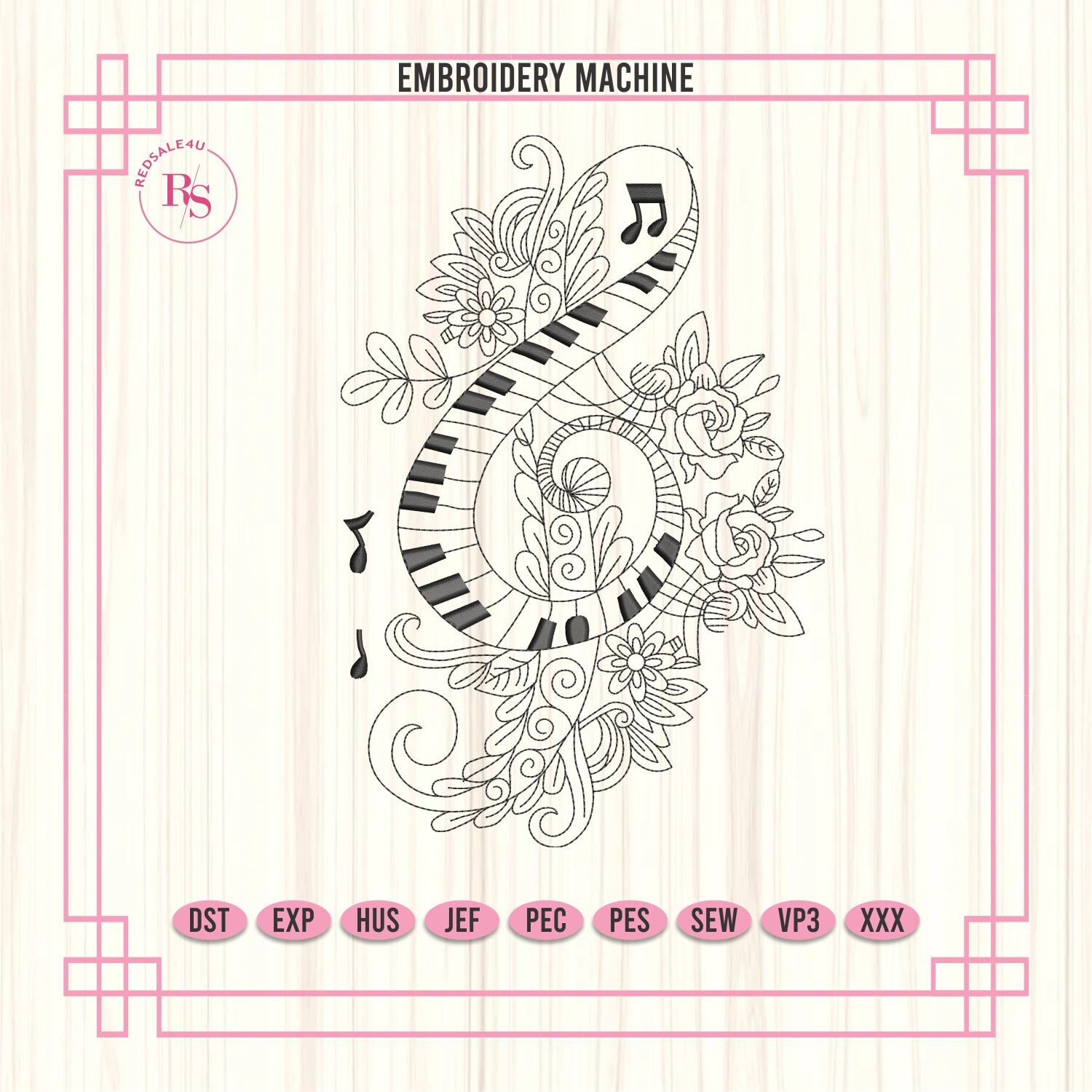 Music Note Machine Embroidery, Floral Music Design Embroidery, Treble ...