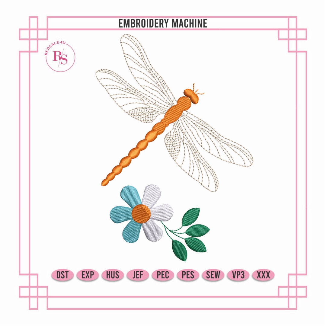 Cute Dragonfly Machine Embroidery, Dragonfly With Flower Embroidery ...