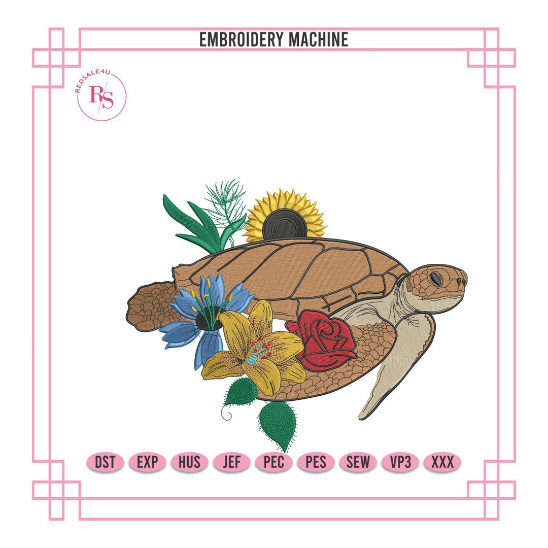 Sea Turtle Machine Embroidery, Turtle and Flower Embroidery Design ...