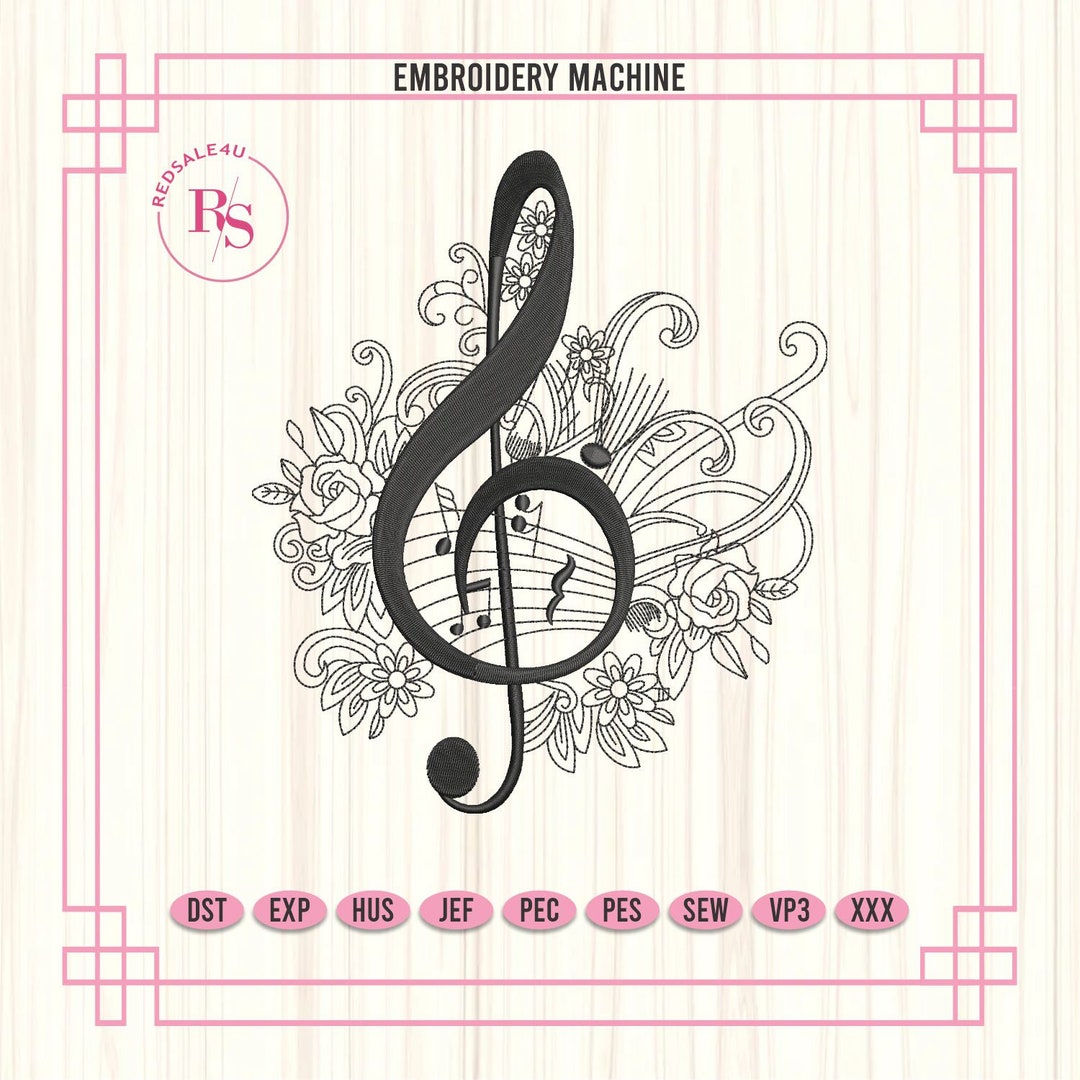 Treble Clef Floral Machine Embroidery, Floral Musical Notes Embroidery ...