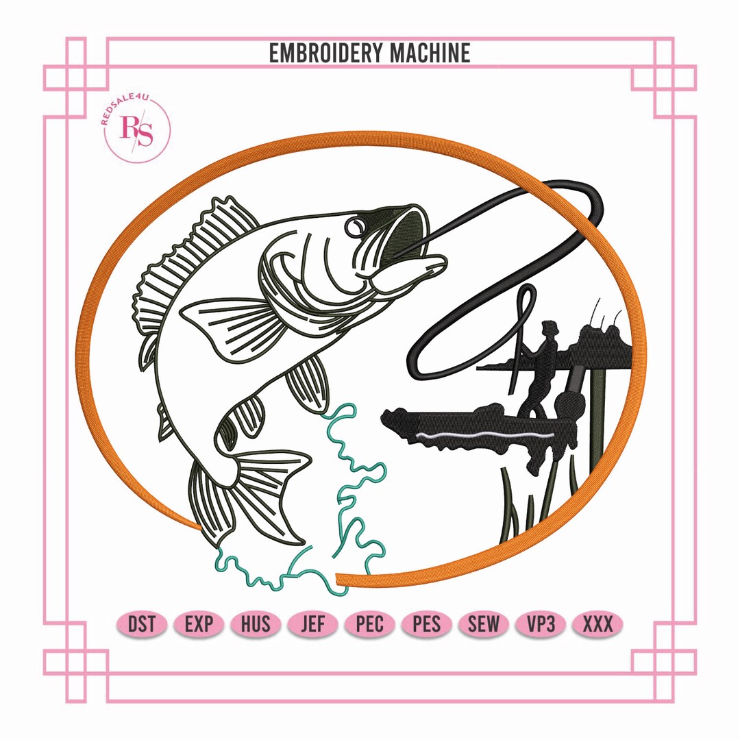 Fishing Machine Embroidery Design, Fishing Rod With Fish Embroidery ...