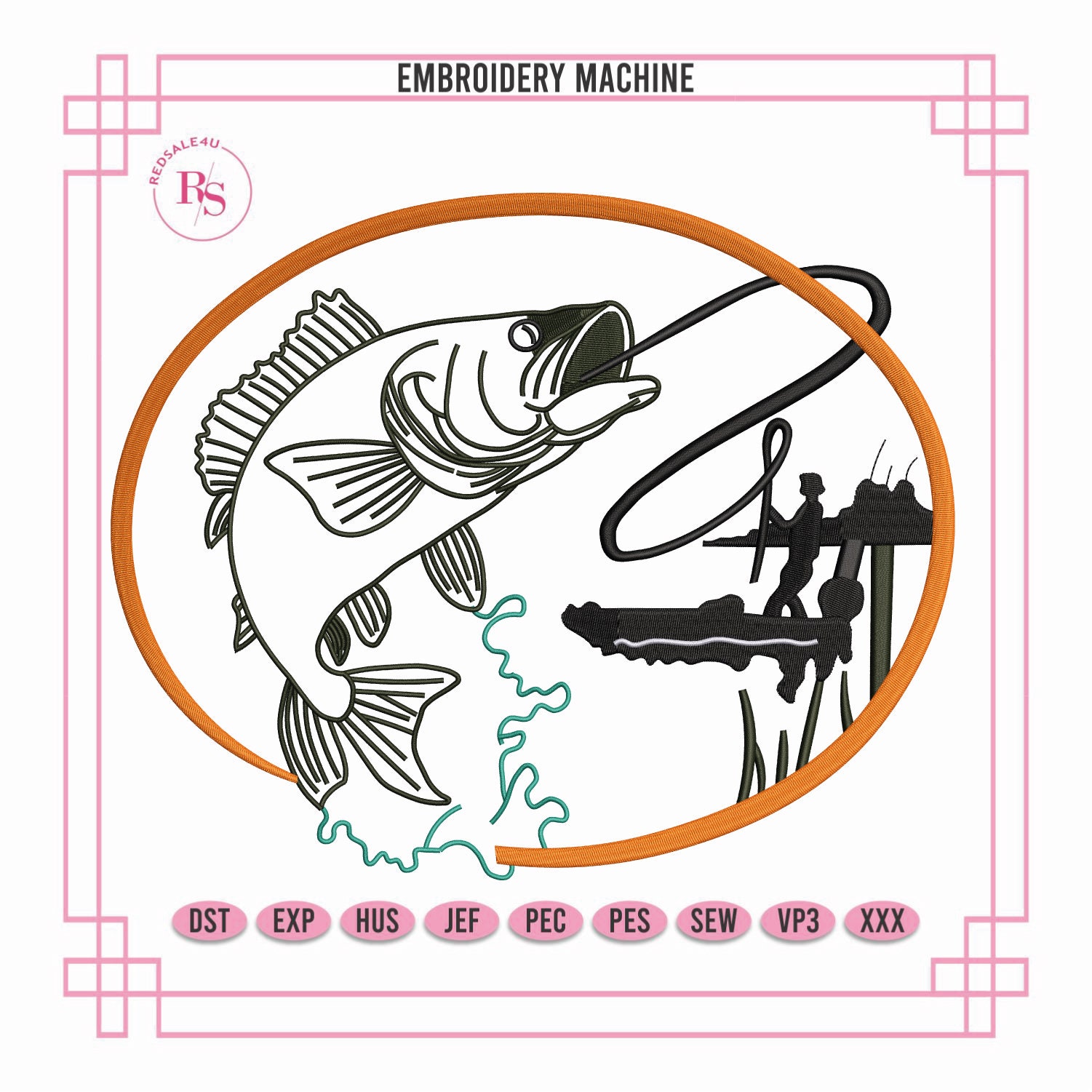 Fishing Machine Embroidery Design, Fishing Rod With Fish Embroidery ...