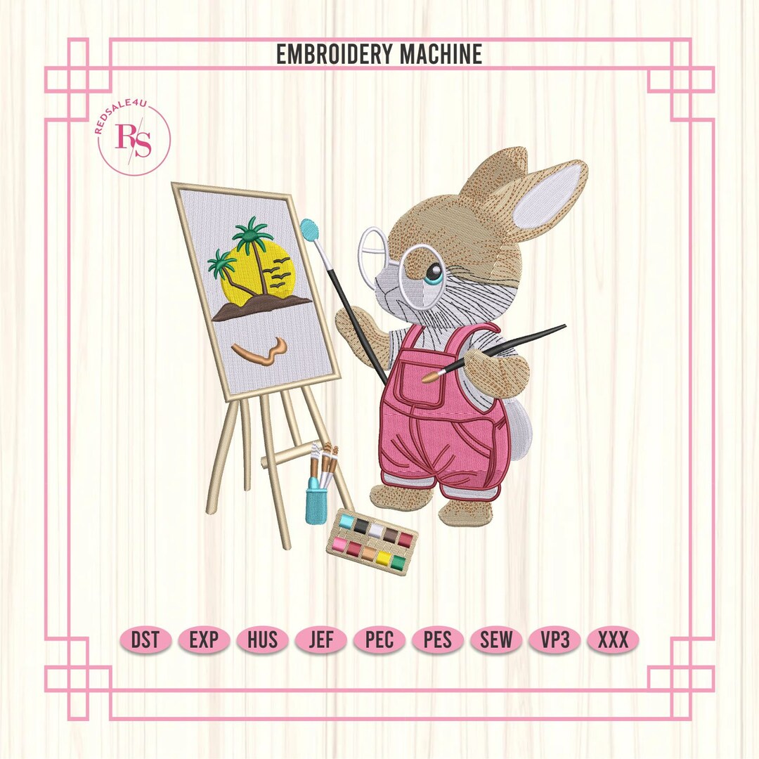 Bunny Artist Embroidery Design, Painting Rabbit Cute Machine Embroidery ...