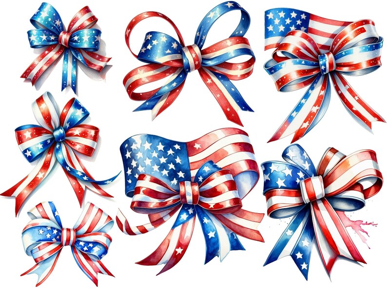 Patriotic Watercolor Clip Art Bow Ribbon,usa Coquette Digital,patriotic ...