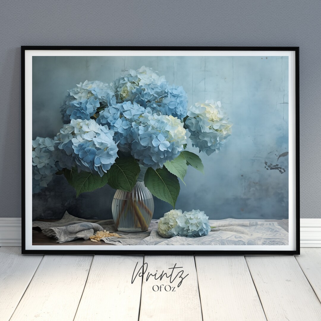 Hamptons Style Flower Vase Blue Hydrangea Flower Rustic Vintage Table ...
