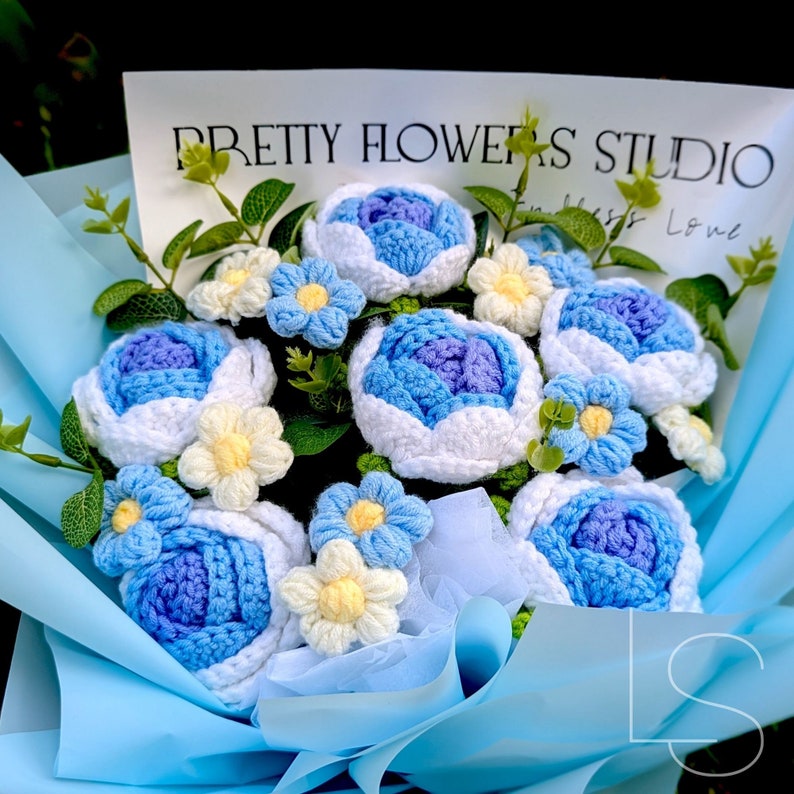 Crochet Flower Bouquet, Blue Rose Crochet Flowers, Wedding Bouquet ...