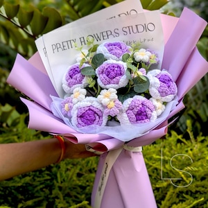 Crochet Flower Bouquet, Blue Rose Crochet Flowers, Wedding Bouquet ...