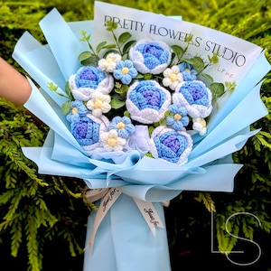Crochet Flower Bouquet, Blue Rose Crochet Flowers, Wedding Bouquet ...