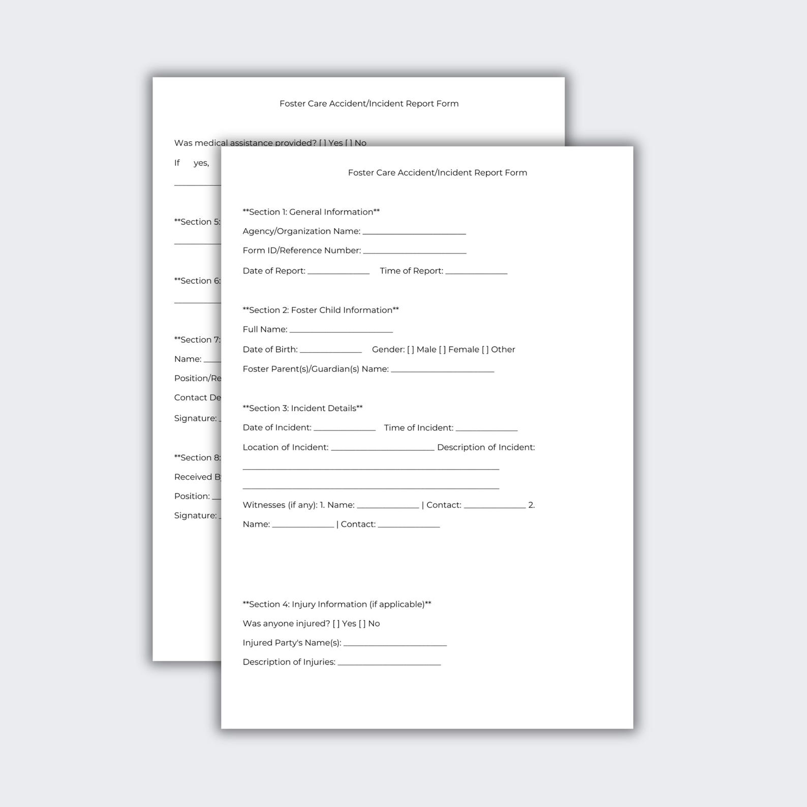 Editable Foster Care Accident Report Forms: Incident Log, Injury Report ...