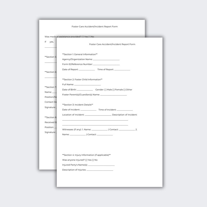 Editable Foster Care Accident Report Forms: Incident Log, Injury Report ...