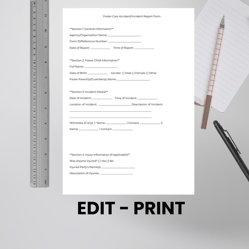 Editable Foster Care Accident Report Forms: Incident Log, Injury Report ...