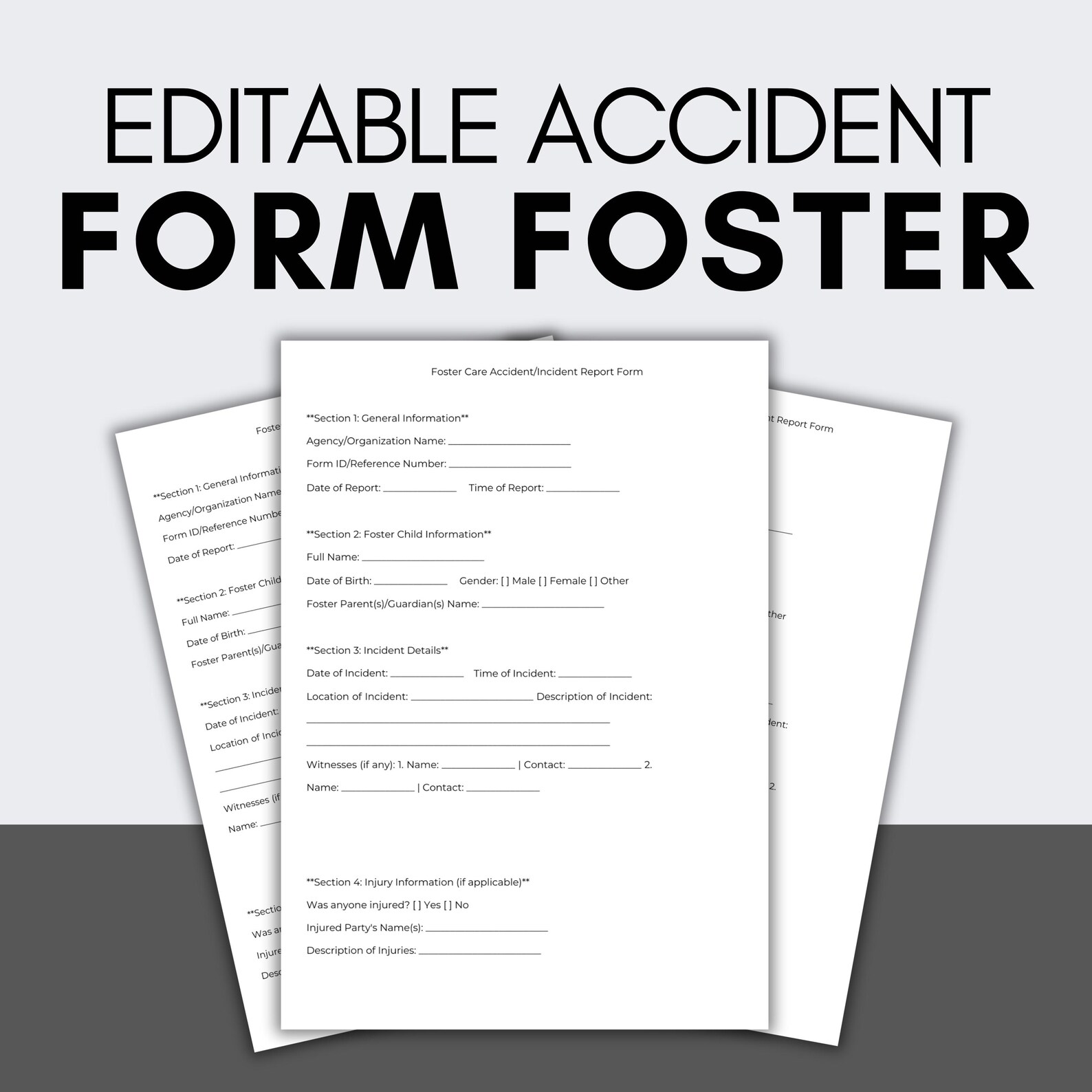 Editable Foster Care Accident Report Forms: Incident Log, Injury Report ...