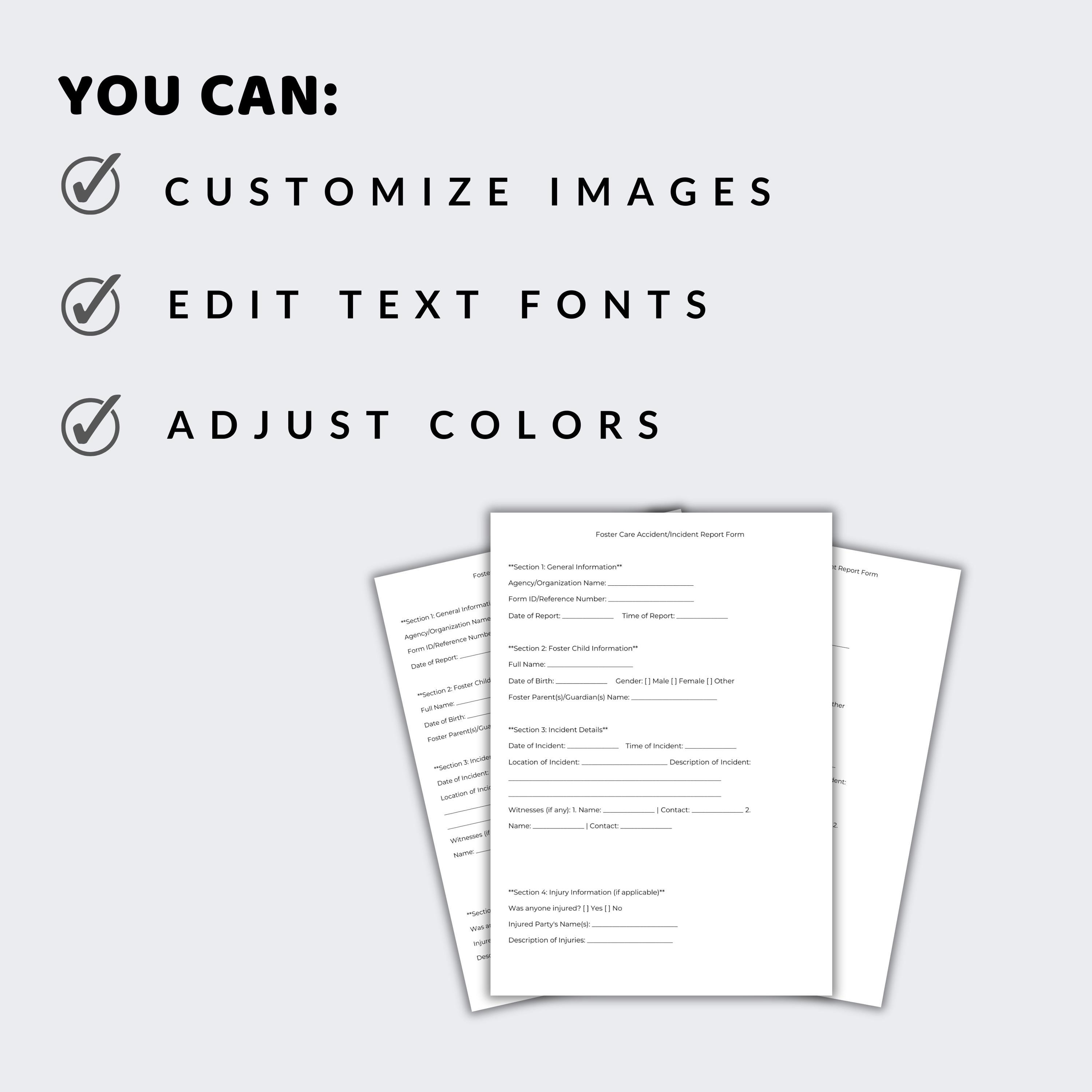 Editable Foster Care Accident Report Forms: Incident Log, Injury Report ...