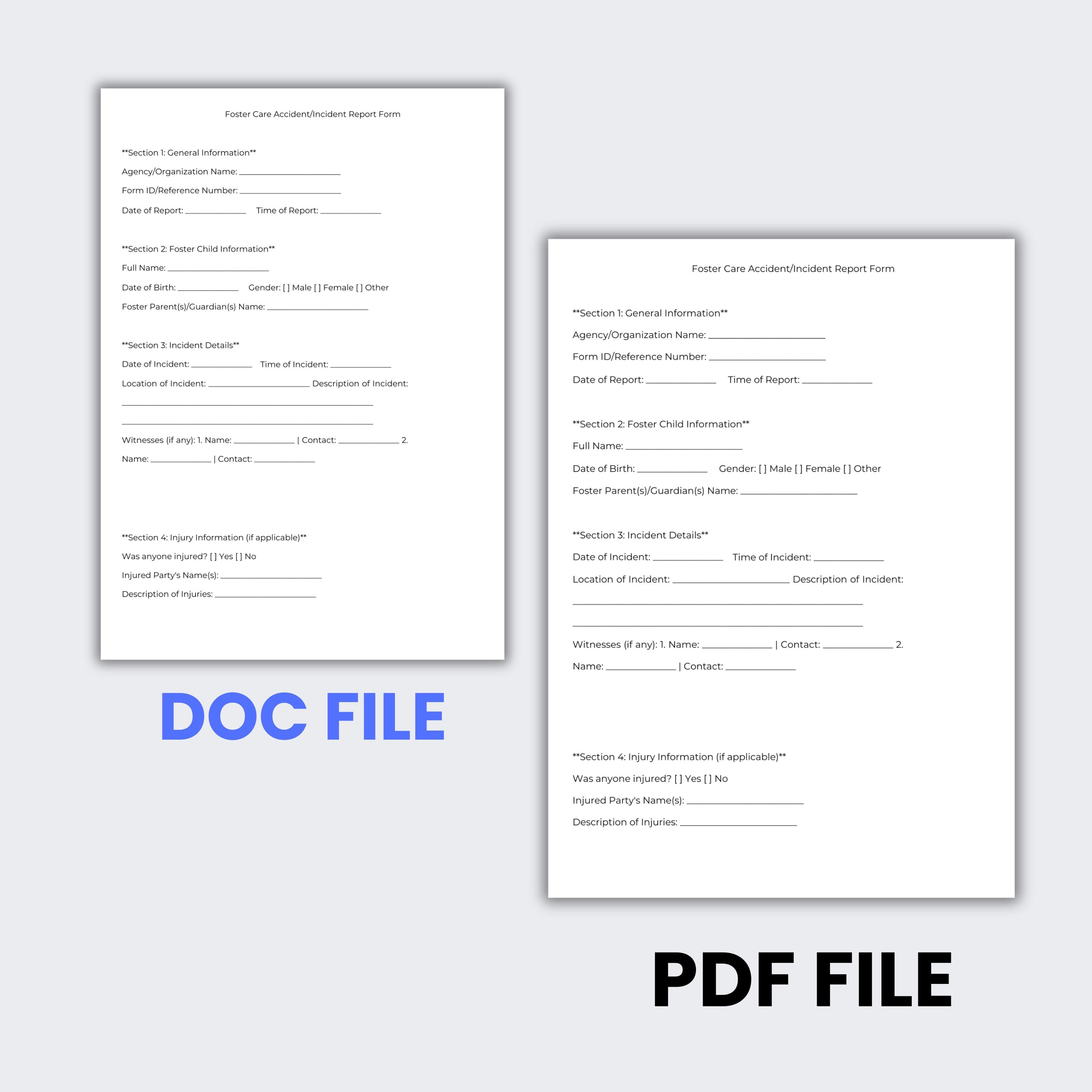 Editable Foster Care Accident Report Forms: Incident Log, Injury Report ...