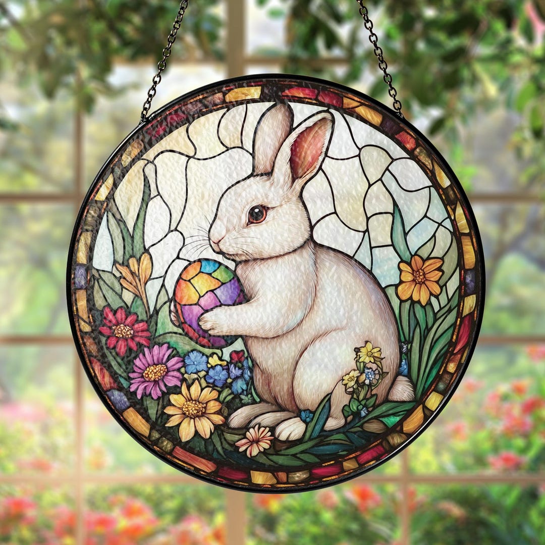Easter Bunny Stained Glass Suncatcher, Rabbit Home Decor, Easter Eggs ...