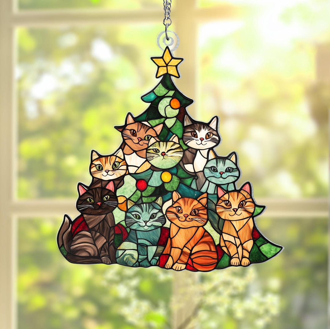Cat Christmas Tree Window Hanging, Christmas Tree Made of Cats Stained ...