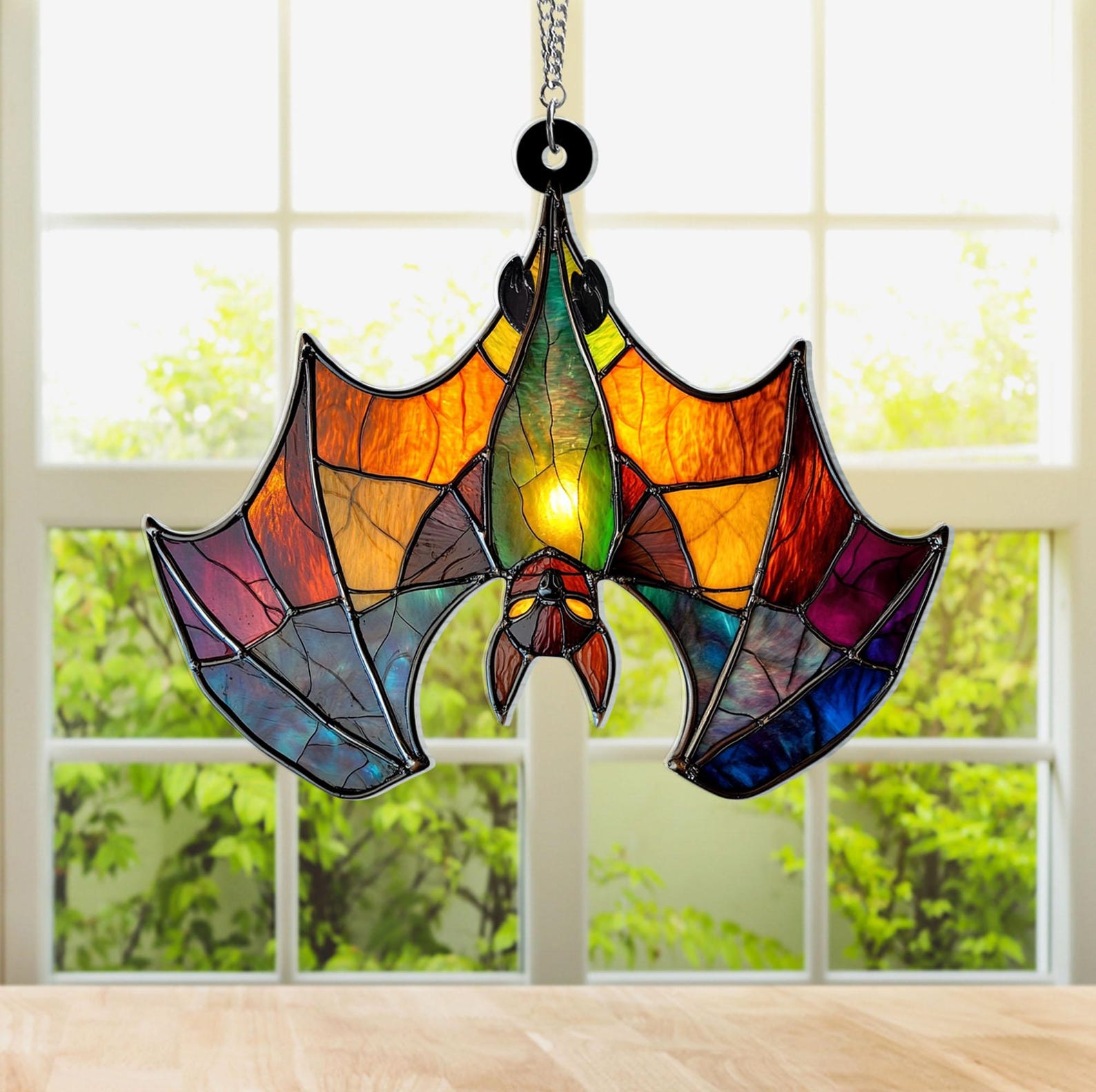 Upside Down Bat Colorful Window Hanging, Acrylic Bat Halloween Tree ...