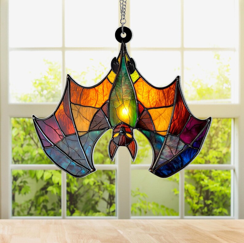 Upside Down Bat Colorful Window Hanging, Acrylic Bat Halloween Tree ...