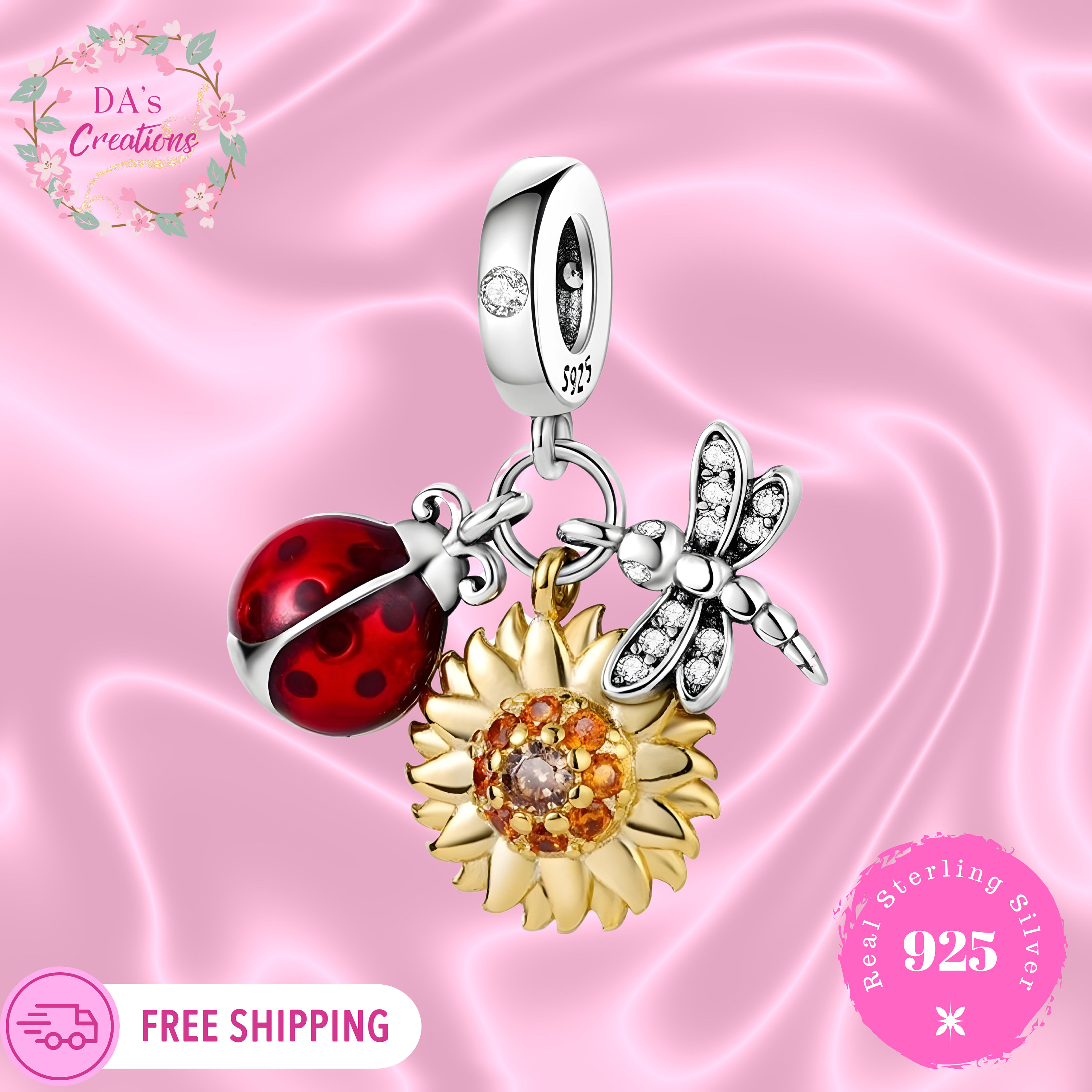 011 Charm for Pandora Bracelet Ladybug, Dragonfly and Sunflower Charm ...