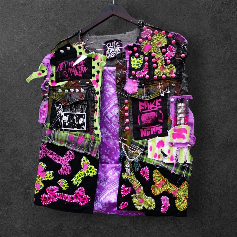 CUSTOM PATCHED Purple Punk Skull Gray Style Vest, Size Large , Unisex ...