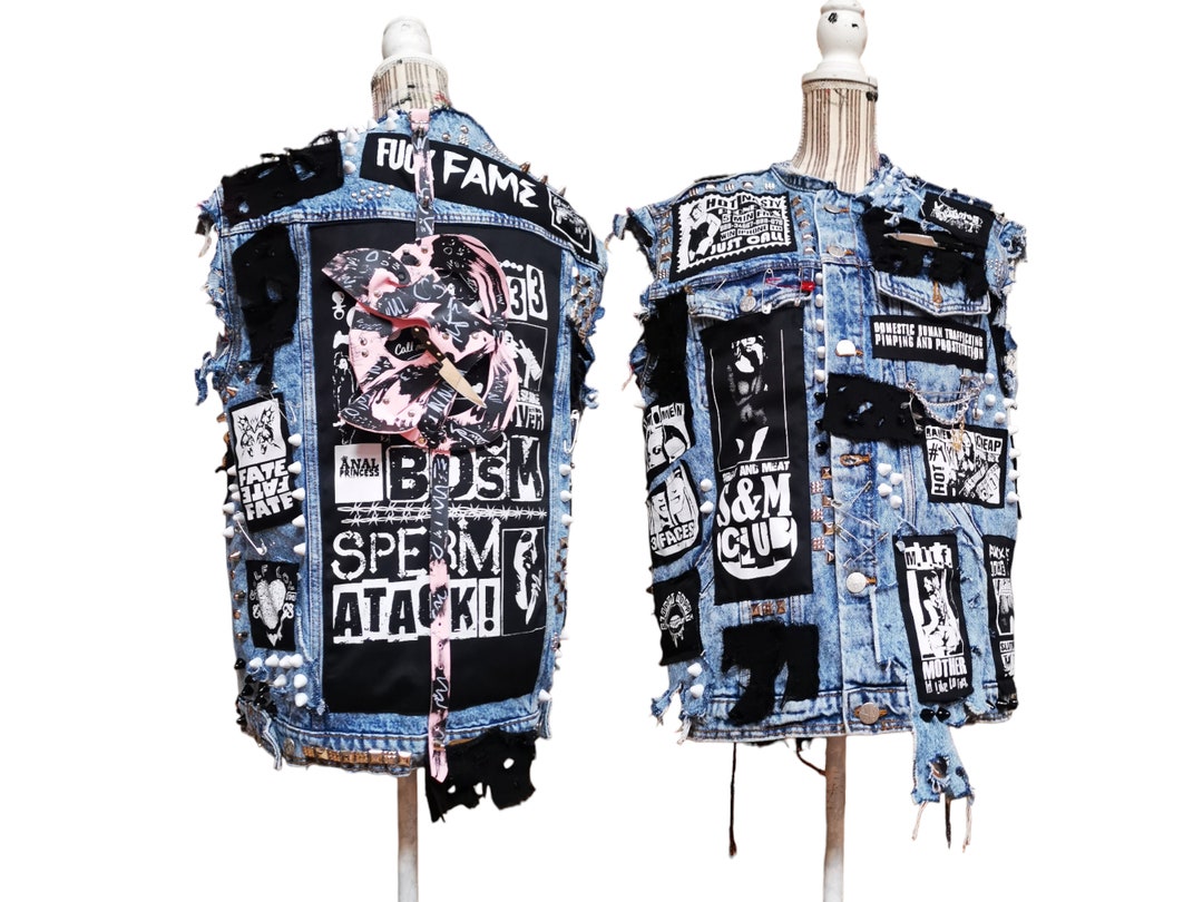CUSTOM PAINTED PATCHED Blue Patched Punk Battle Vest , Men Size Medium ...
